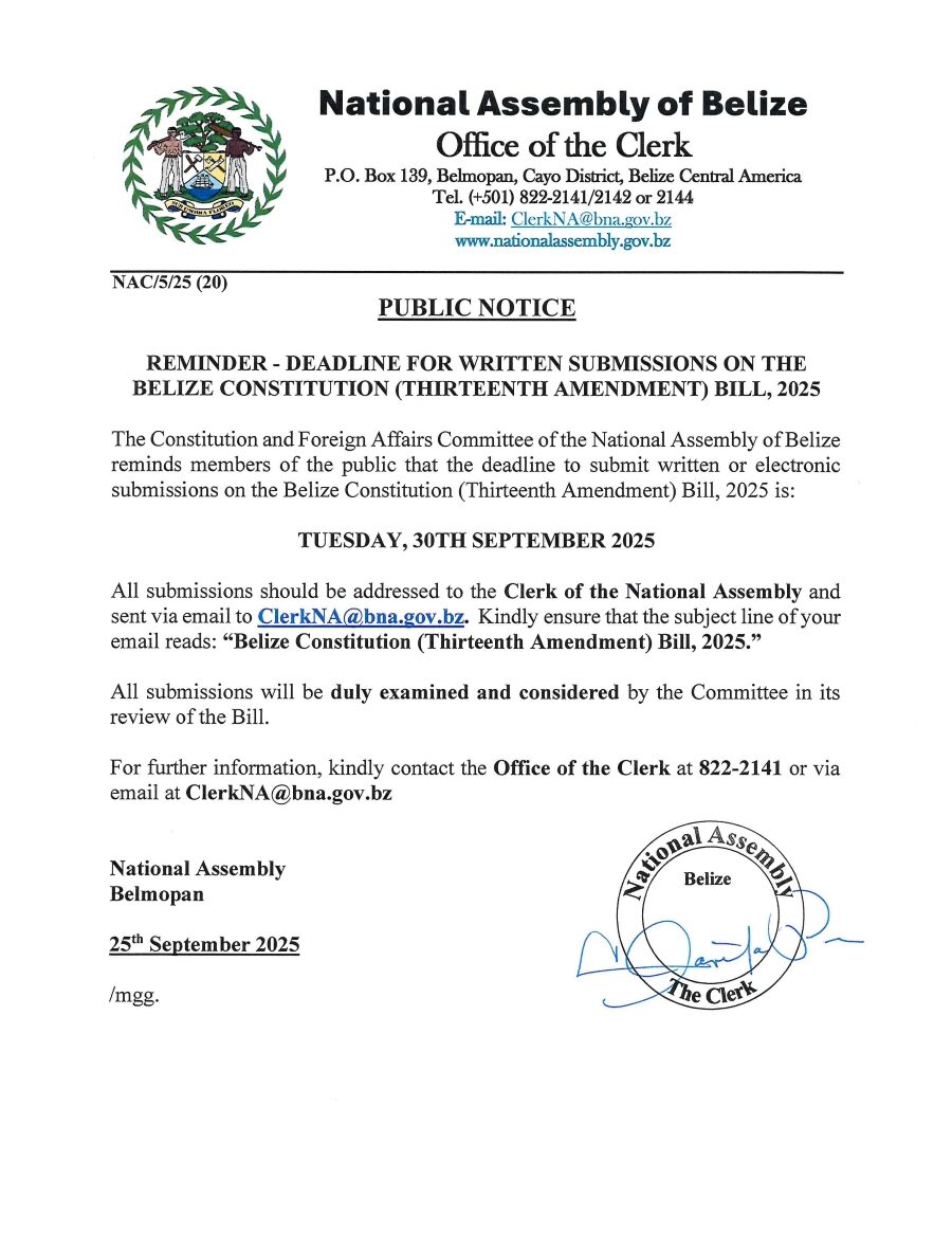 REMINDER- Deadline for Written Submissions on the Belize Constitution ...