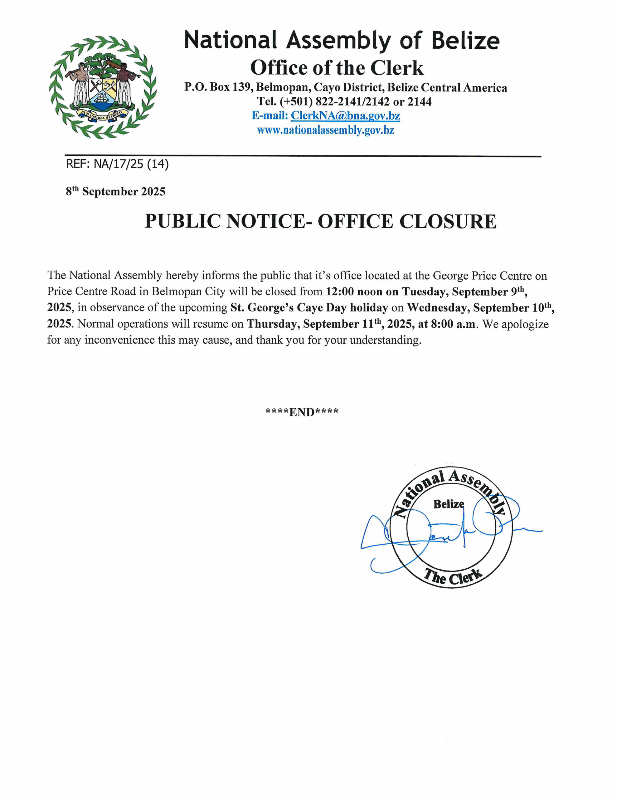 Public Notice - Office Closure on September 09th, 2025 - National ...