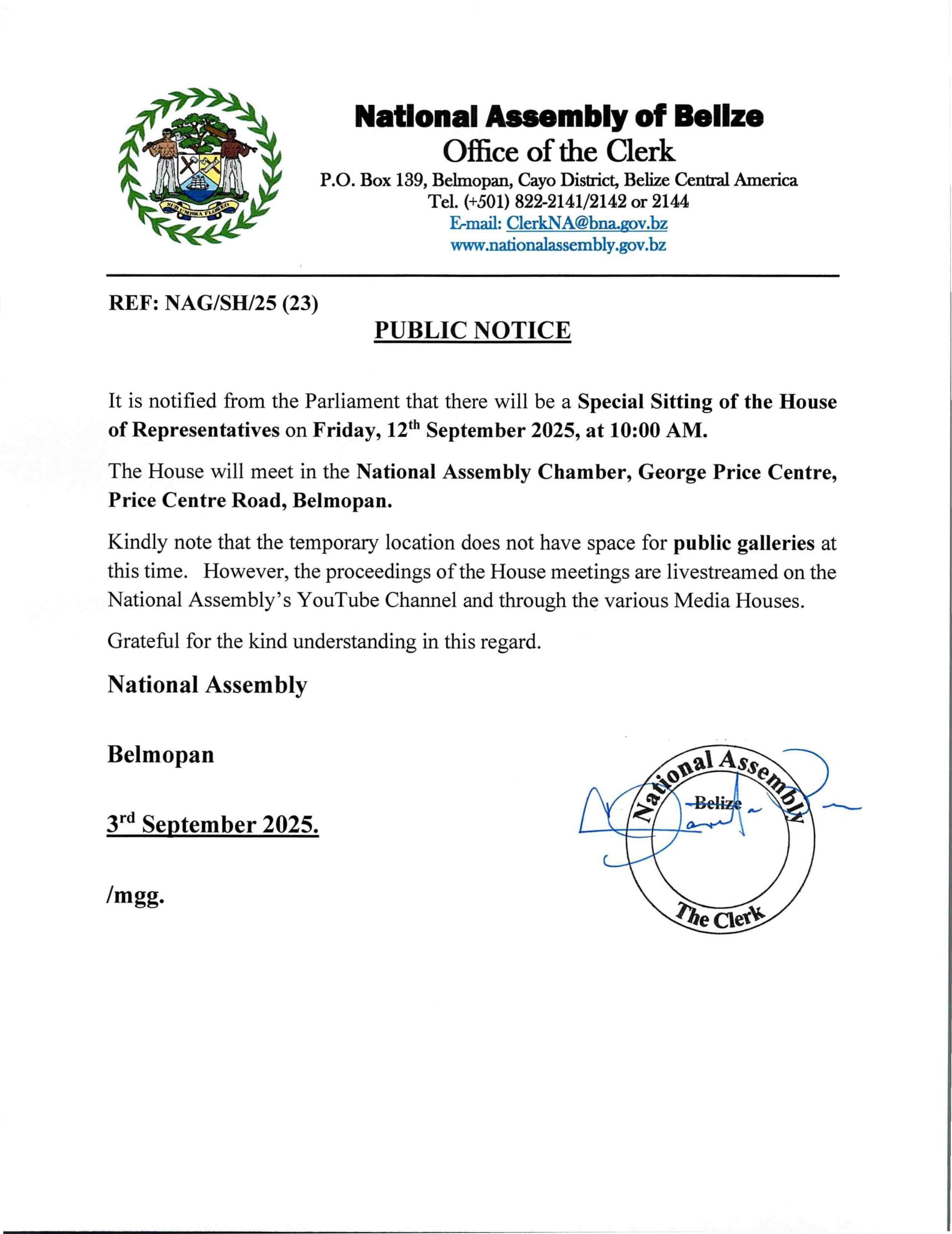 Public Notice - Special Sitting of the House of Representatives Friday ...