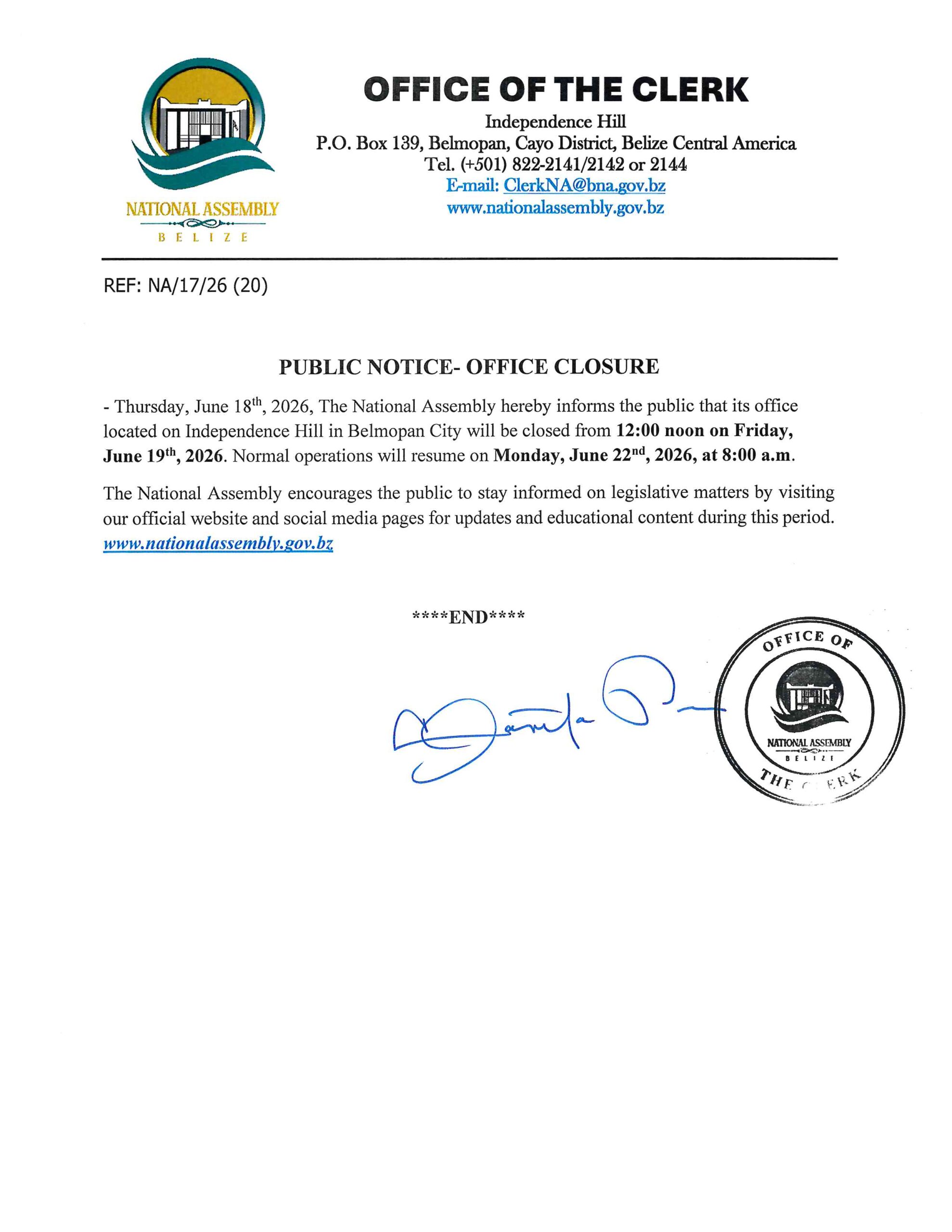 PUBLIC NOTICE - Office Closure on Friday June 19th 2026 - National ...